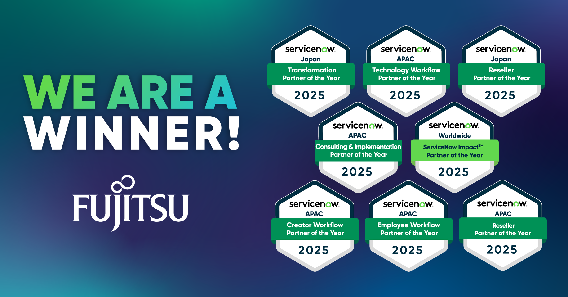 Fujitsu won 8 awards across 7 categories at the ServiceNow Partner Awards 2025. : Fujitsu Global